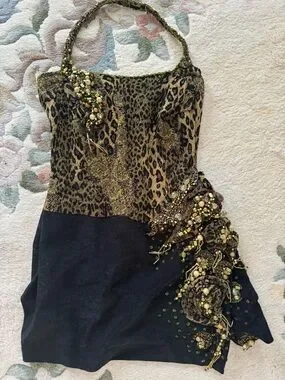 Dresses | Leopard Print Beaded Strap Cocktail Dress In Black And Gold ...